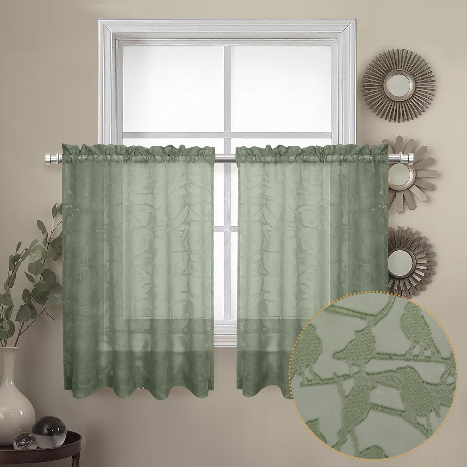 Amazon.com: OVZME Textured Sage Green Kitchen Sheer Curtain Tiers 36 ...