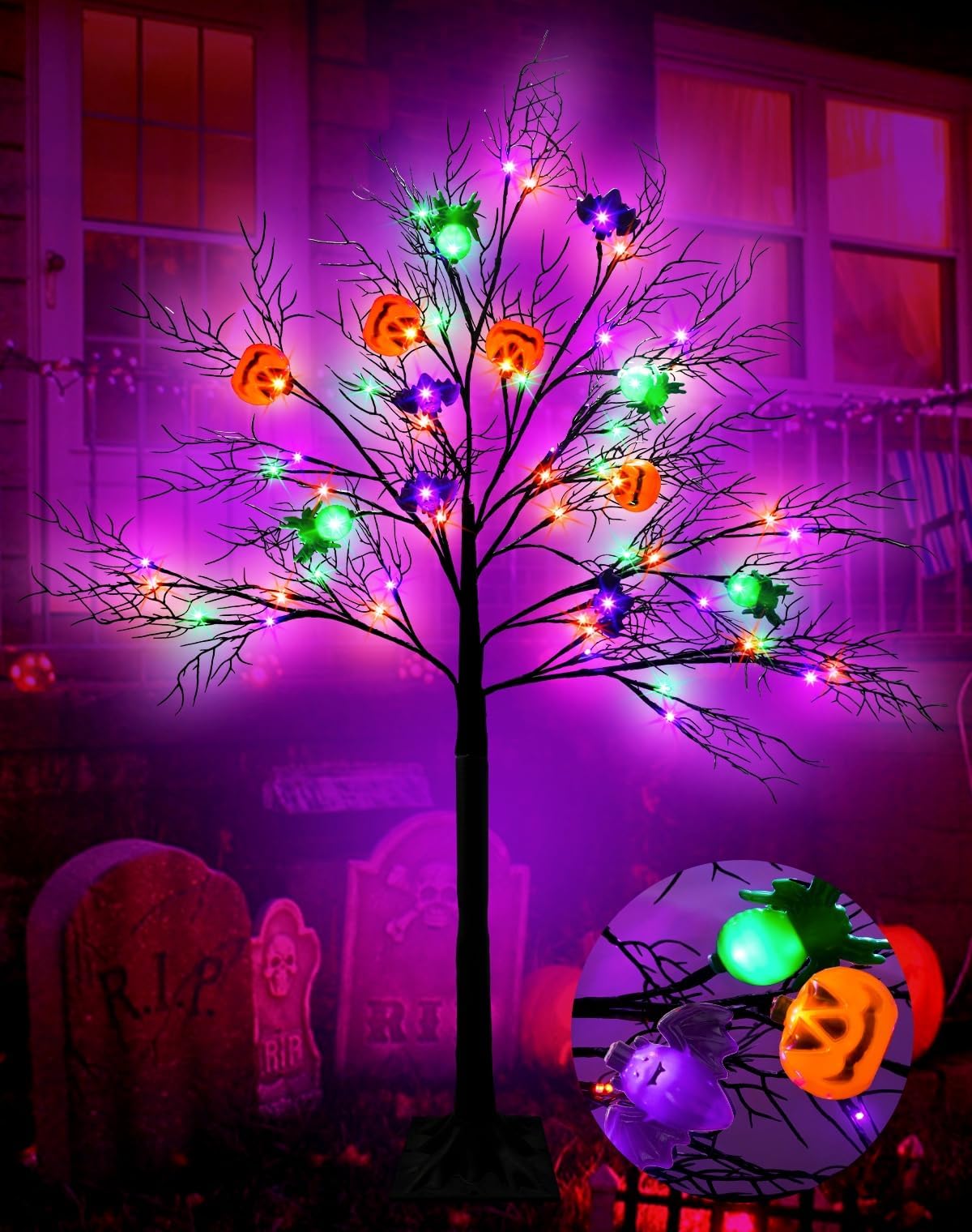 Amazon.com: 4 Ft Orange & Purple Black Halloween Lighted Tree Decor ...