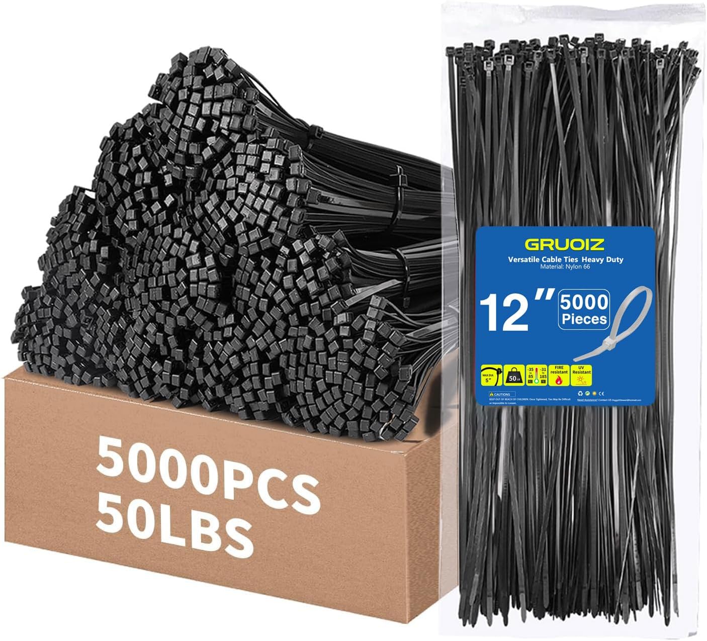 Amazon.com: 5000Pcs Black Cable Ties, 12 Inch Zip Ties Heavy Duty 50Lbs ...