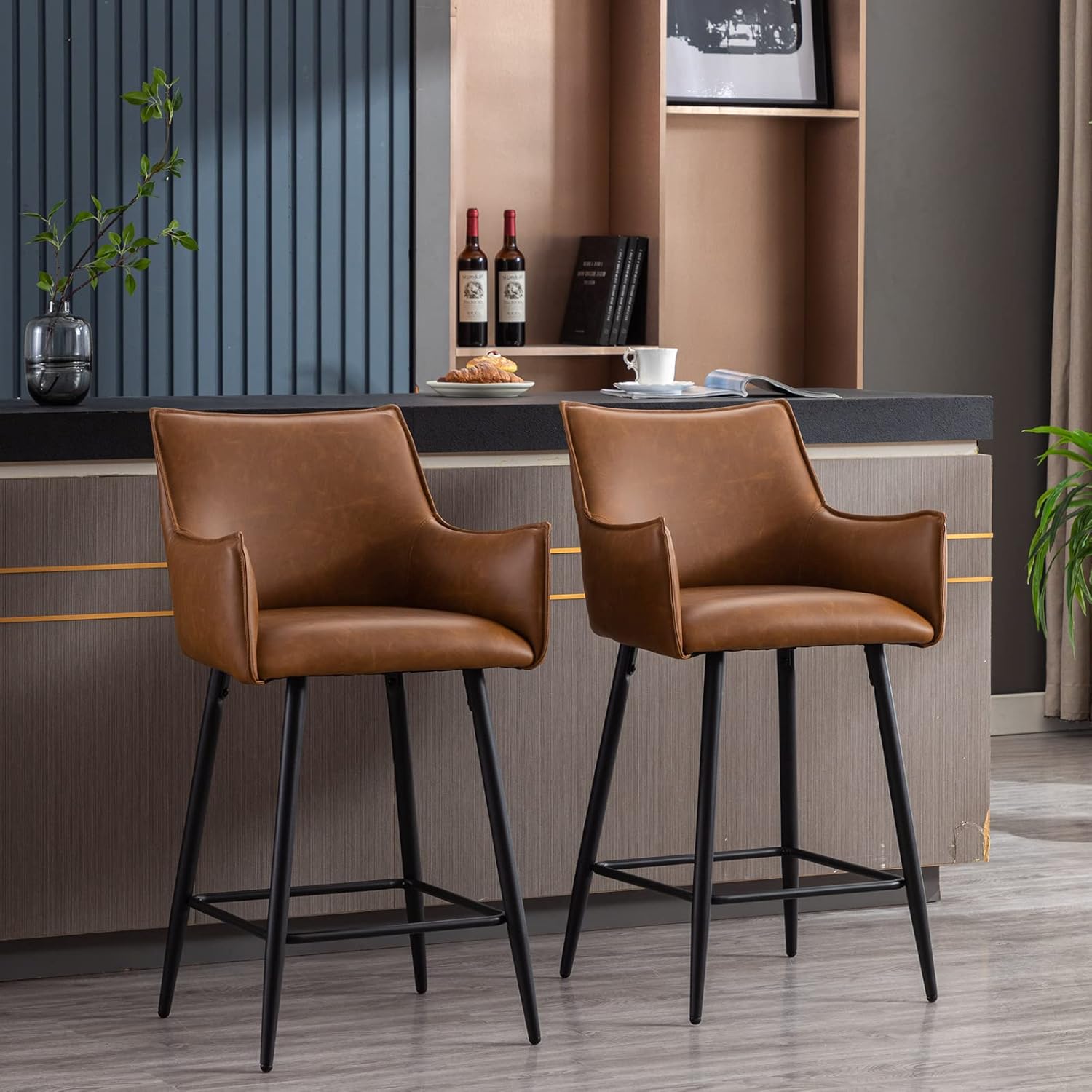 Amazon.com: ZSARTS 26" Brown Bar Stools Set of 2, Modern Faux Leather ...