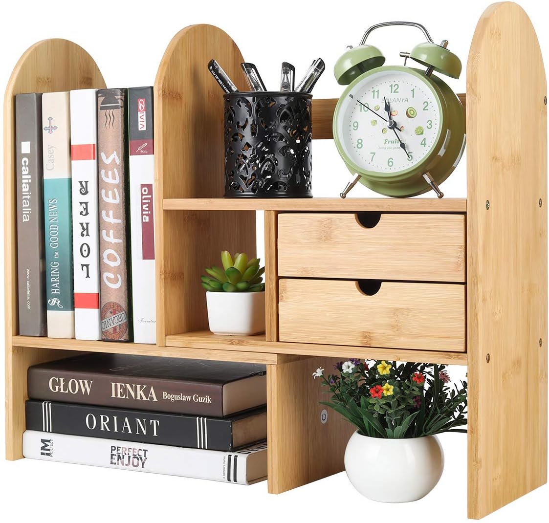 Amazon.com : TQVAI Bamboo Desktop Bookshelf with Drawer, Expandable ...