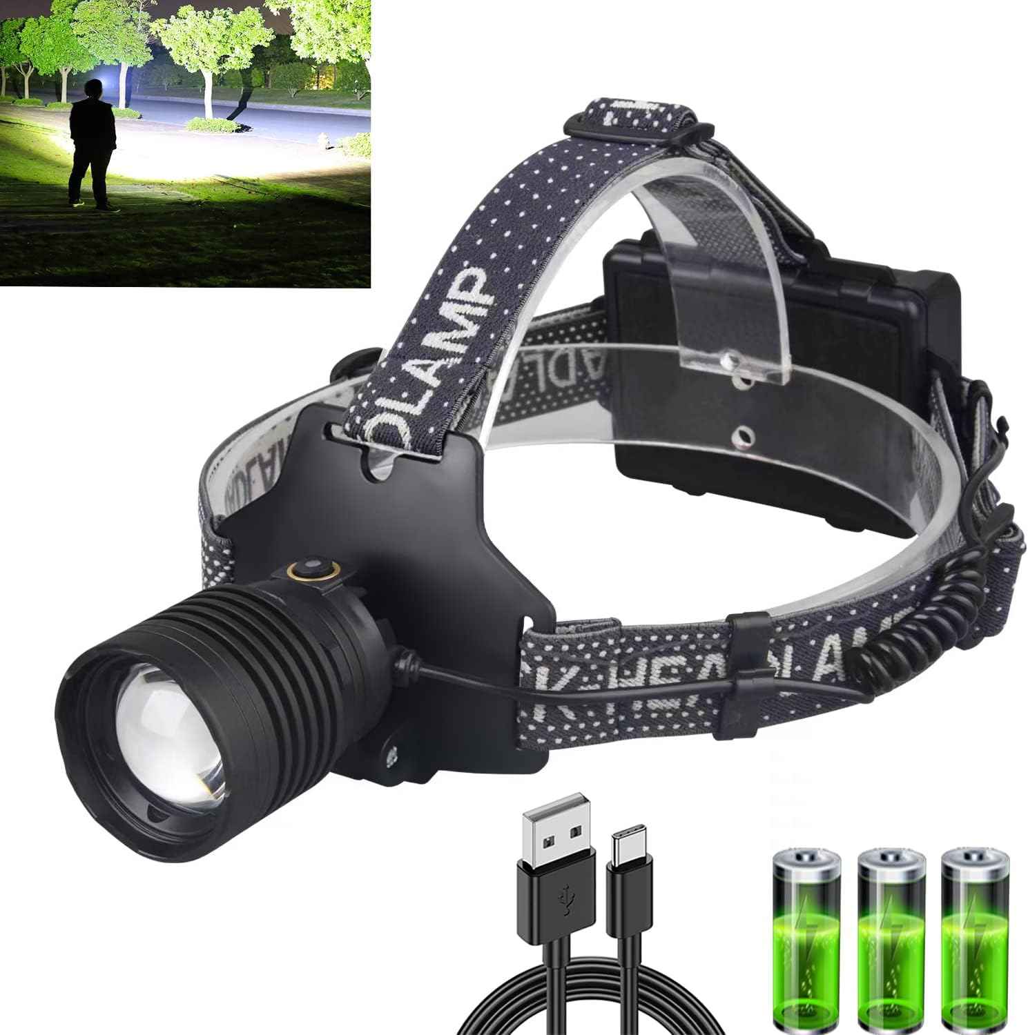 Super Bright Headlamp, USB Rechargeable Led Head Lamp, IPX4 Zoomable ...