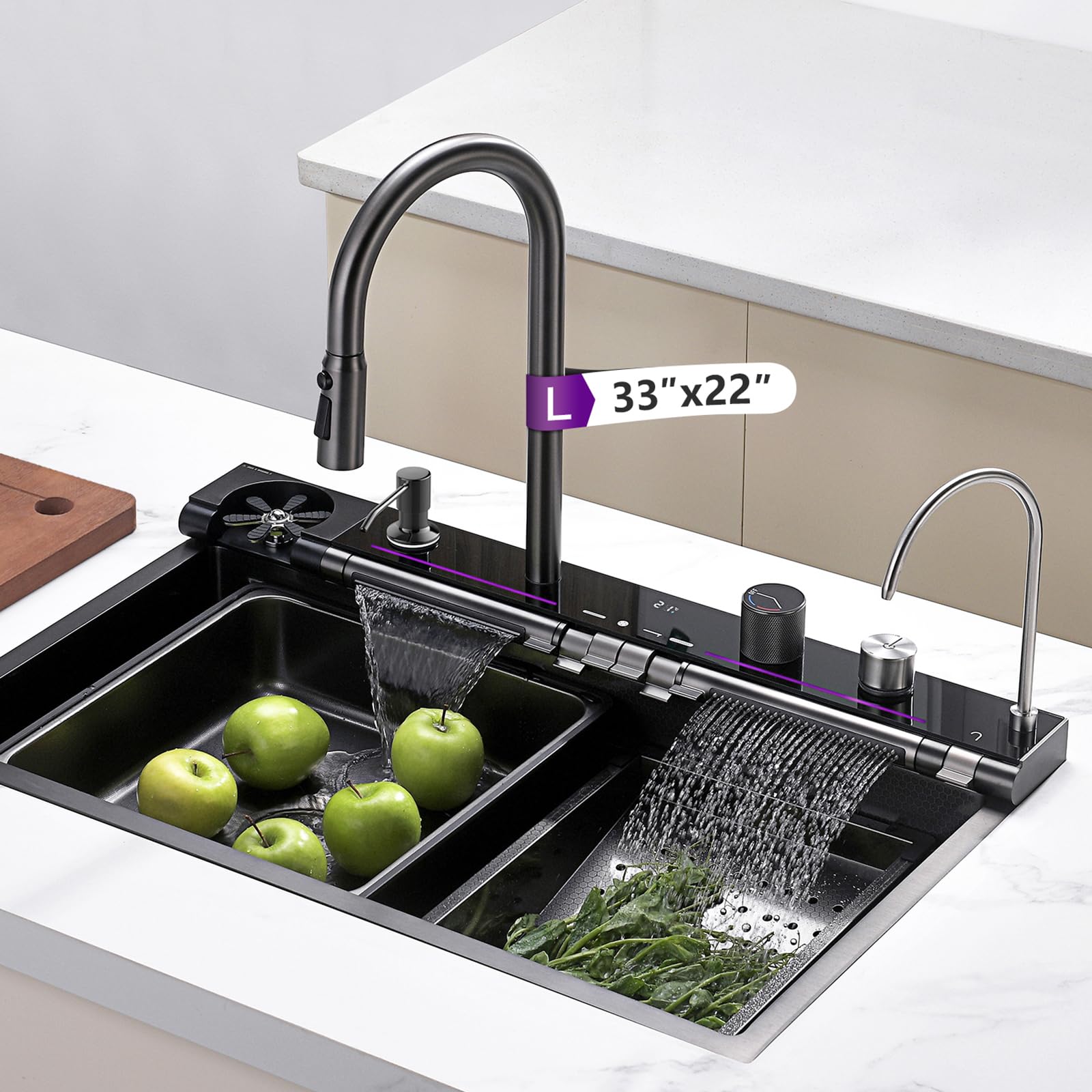 Leftonhome 33x22 Waterfall Kitchen Sink with Temperature Display in ...
