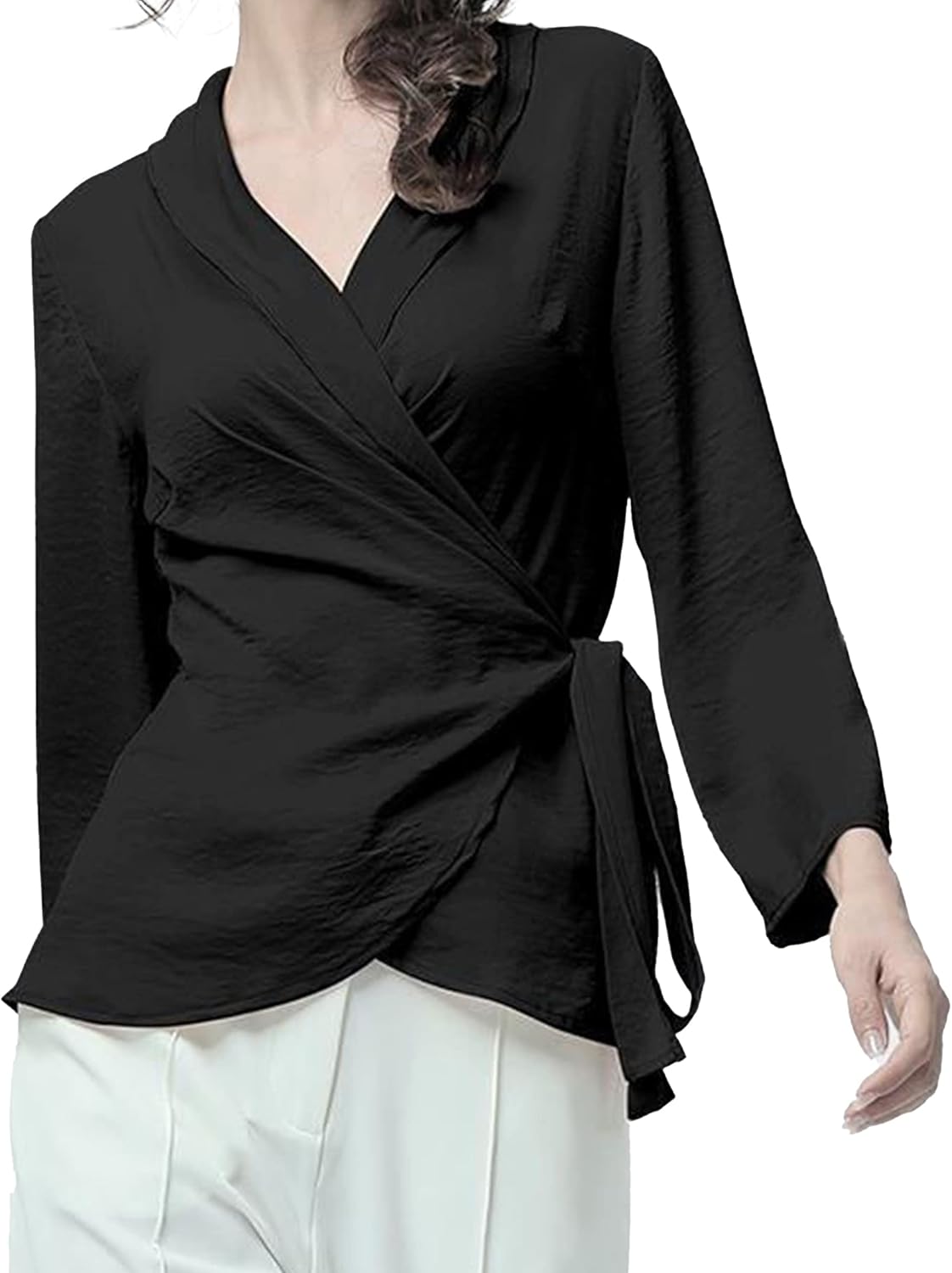 Safgreen Women's V Neck Wrap Top Tie Waist Long Sleeve Casual Peplum ...
