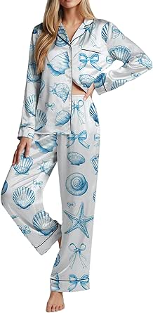 ANOVRA Seashell Ocean Pajama Set - Women's Satin Sleepwear, Soft Silk ...