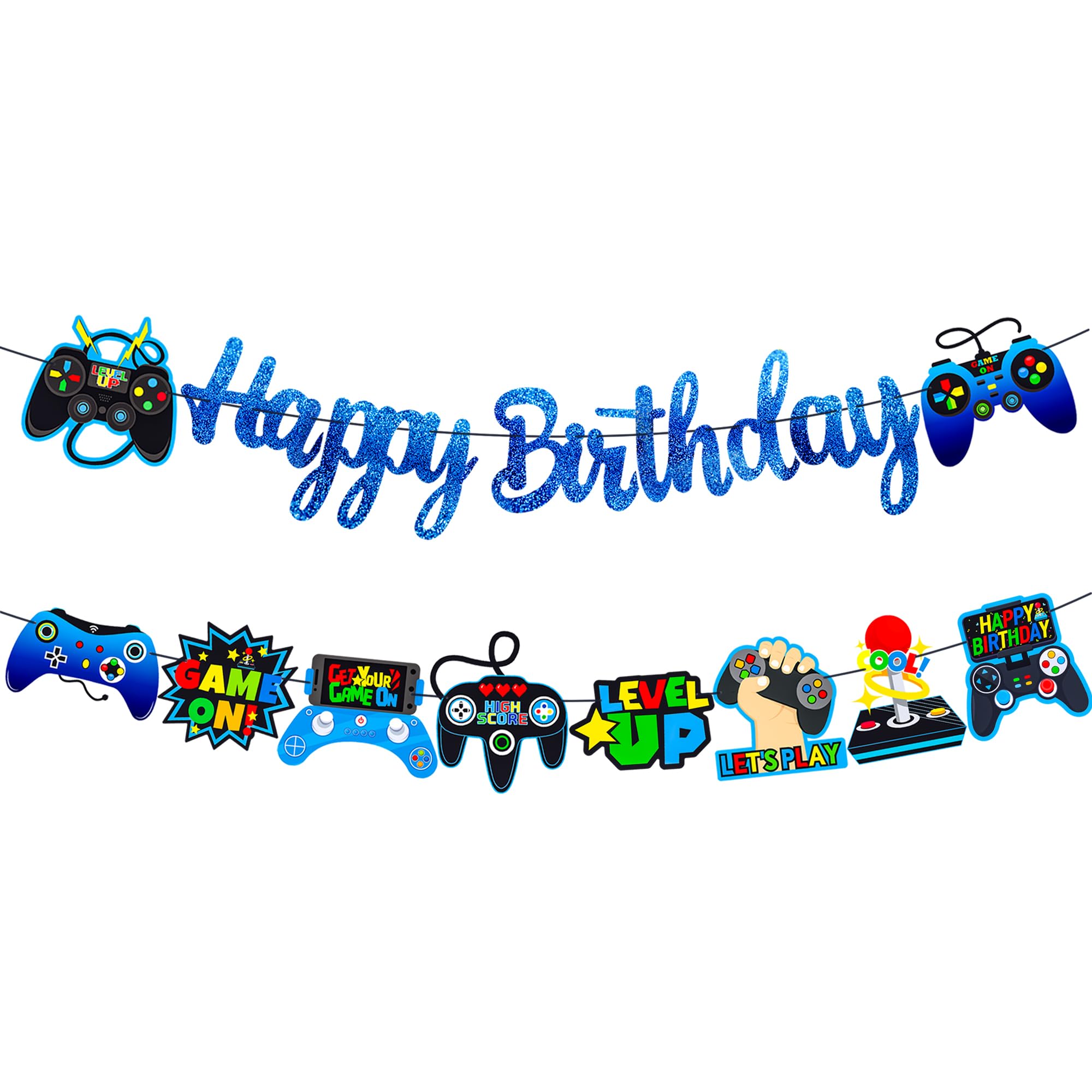 Amazon.com: Video Game Birthday Banner Glitter Blue Game Party Banners ...