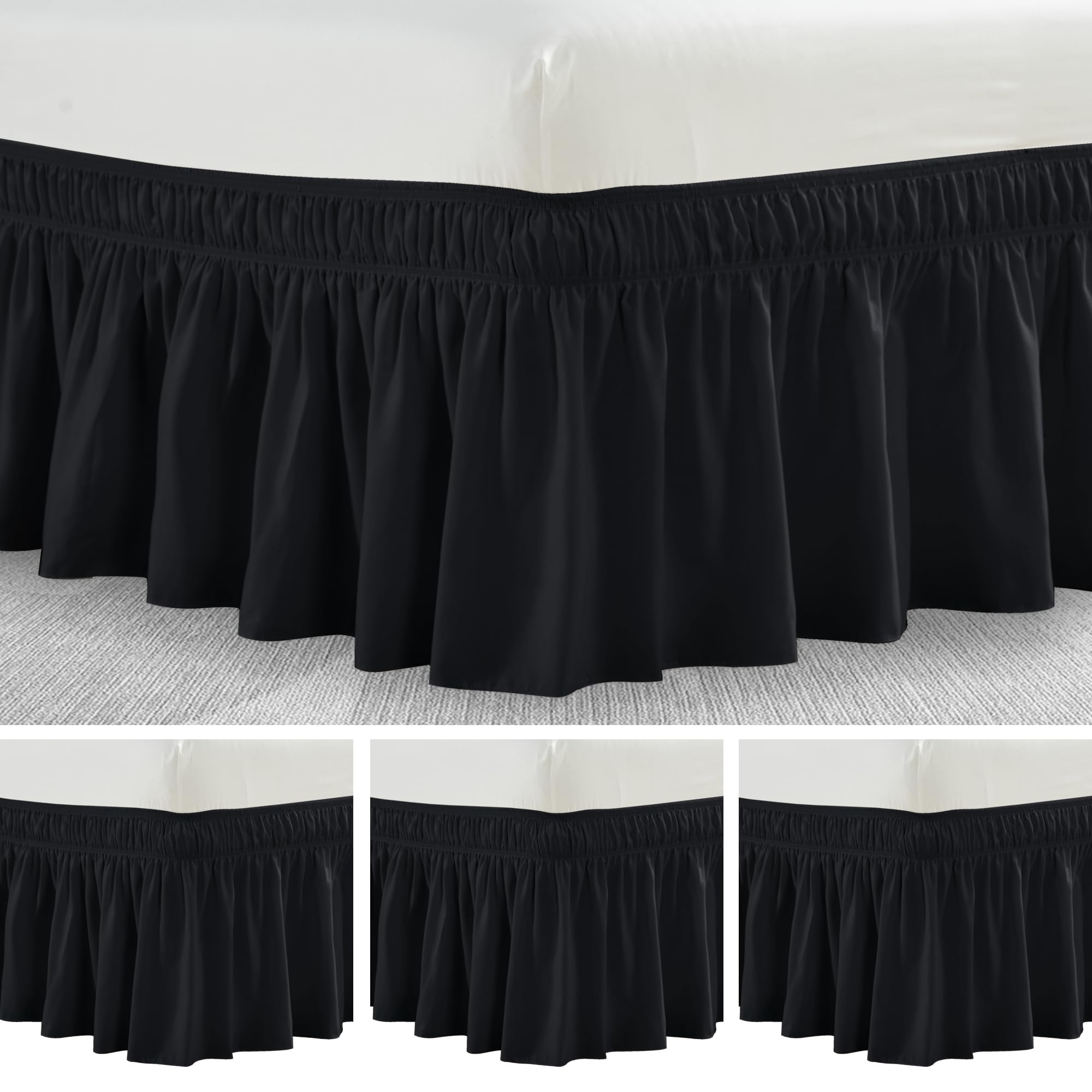 4 Pack Queen/King Size Black Bed Skirt 18 Inch Drop-Wrap Around Bed Skirts with Adjustable ...