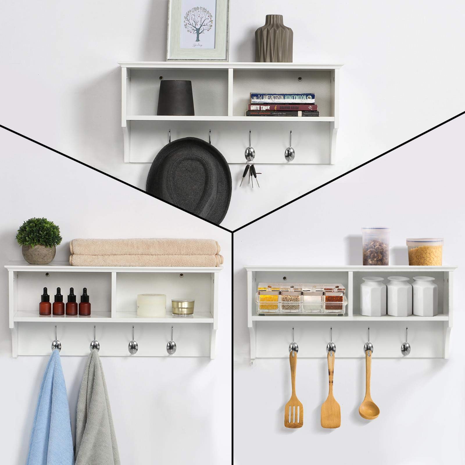 Yaheetech Wooden Hallway Wall Coat Hook with 2 Open Storage Shelves ...