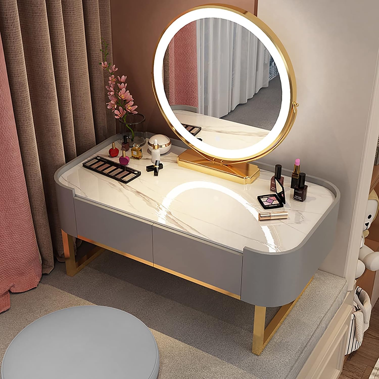 Amazon.com: Mini Vanity Desk Set, Bay Window Dressing Table with ...