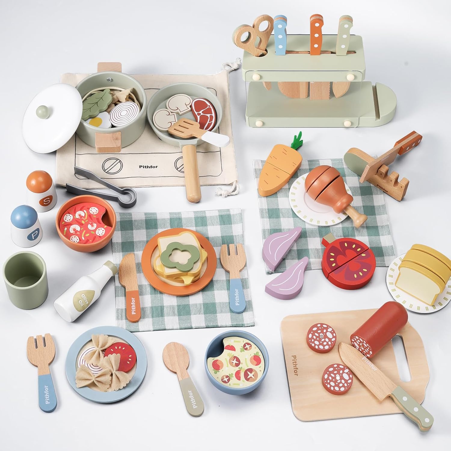 Amazon.com: Pithfor Wooden Play Cooking Set & Play Knife Set, Pretend ...