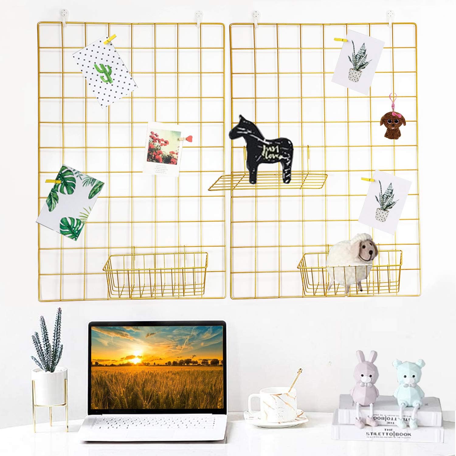 GBYAN 2 Pack Wall Grid Panel with Clips Hanging Photo Display Shelf ...