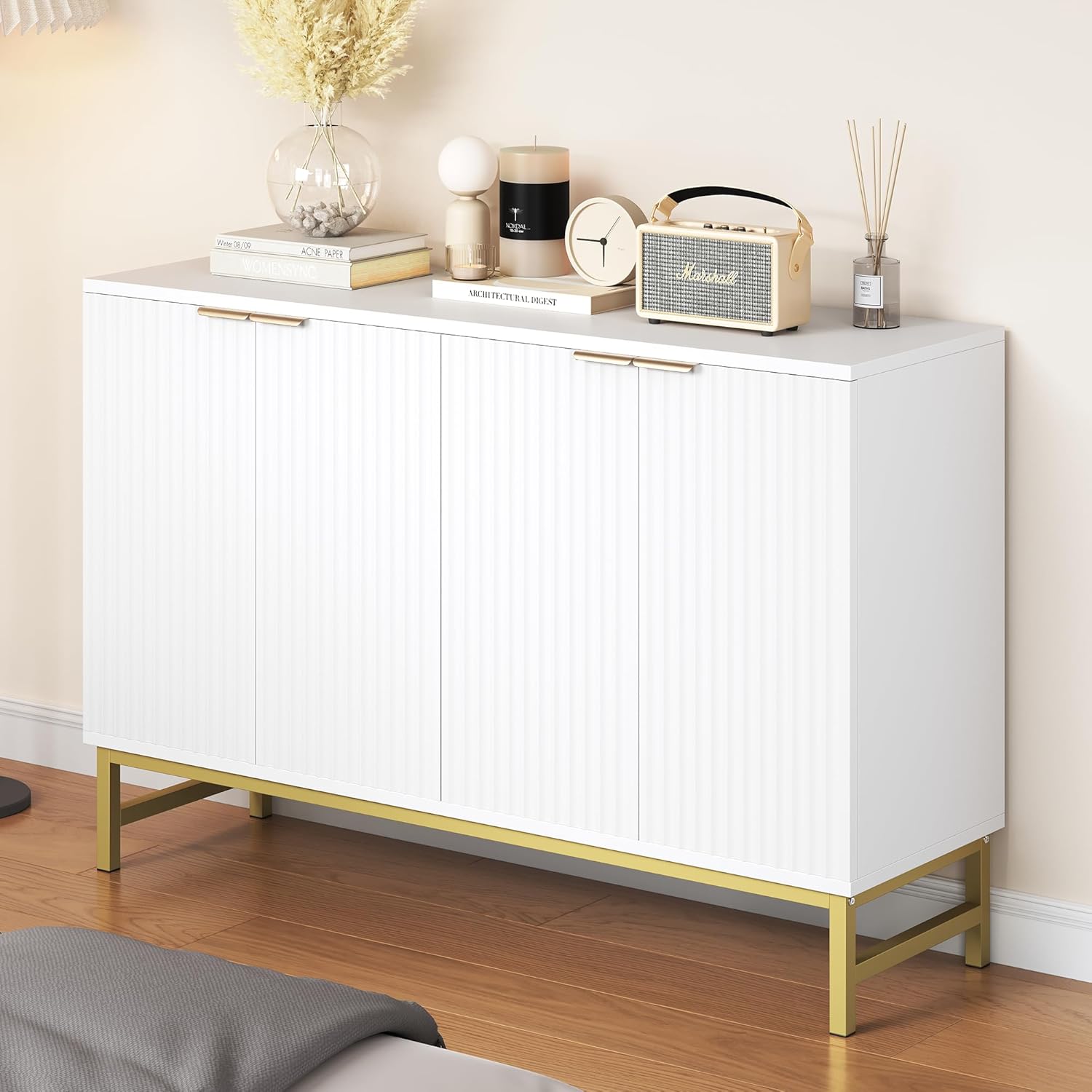 Amazon.com - Luoxiao White Buffet Sideboard Cabinet with 4 Fluted Doors ...