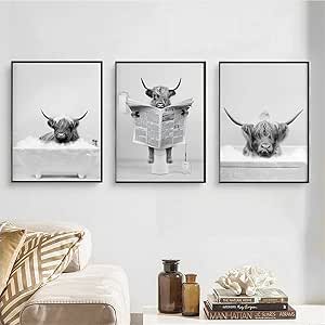 Amazon.de: Hava Kolari Lustiges 3er Poster Set, Hochland Kuh Wandkunst Badezimmerbilder Schwarz ...