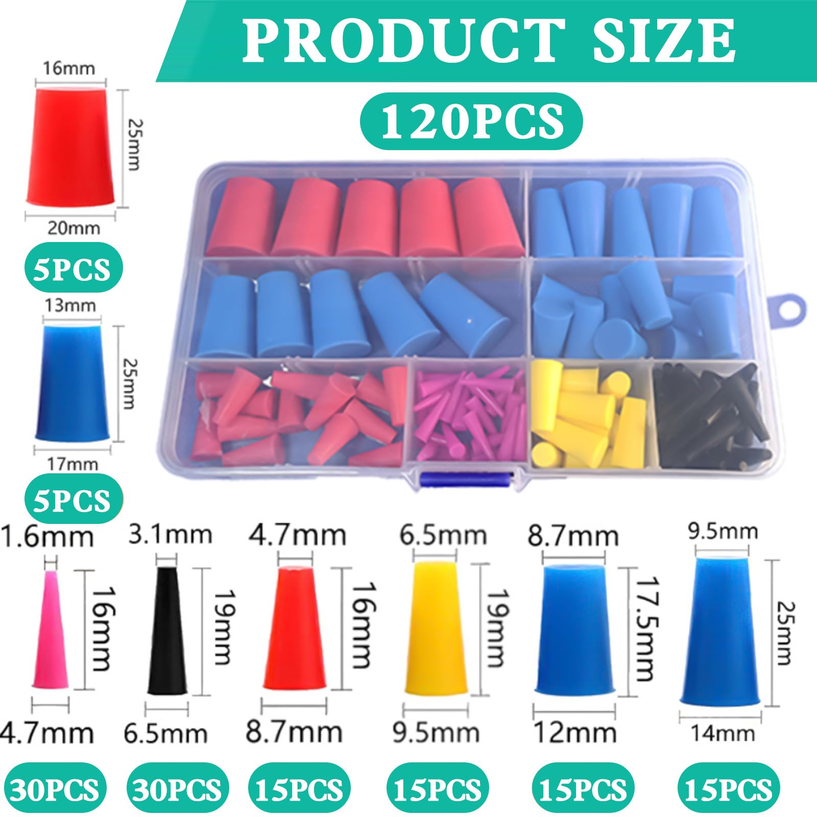 120 Pack Silicone Rubber Tapered Plug Assortment Kit, 8 Different Sizes ...