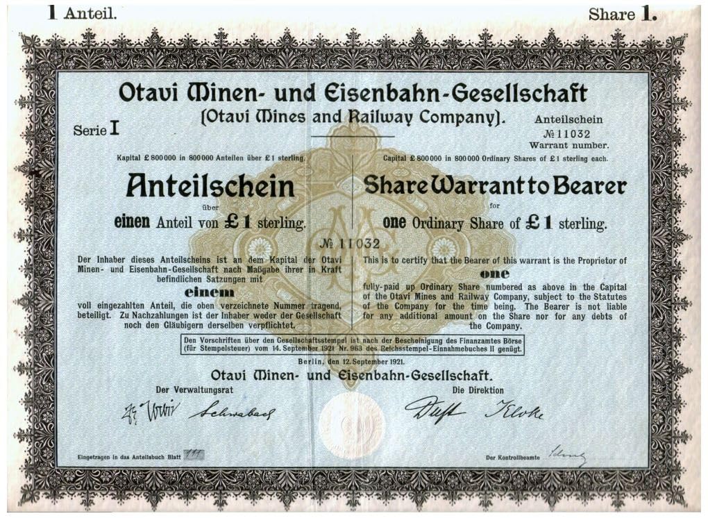 1921 OME RARE 1921 COLONIAL GERMAN SOUTHWEST AFRICA RAILWAY & MINING ...
