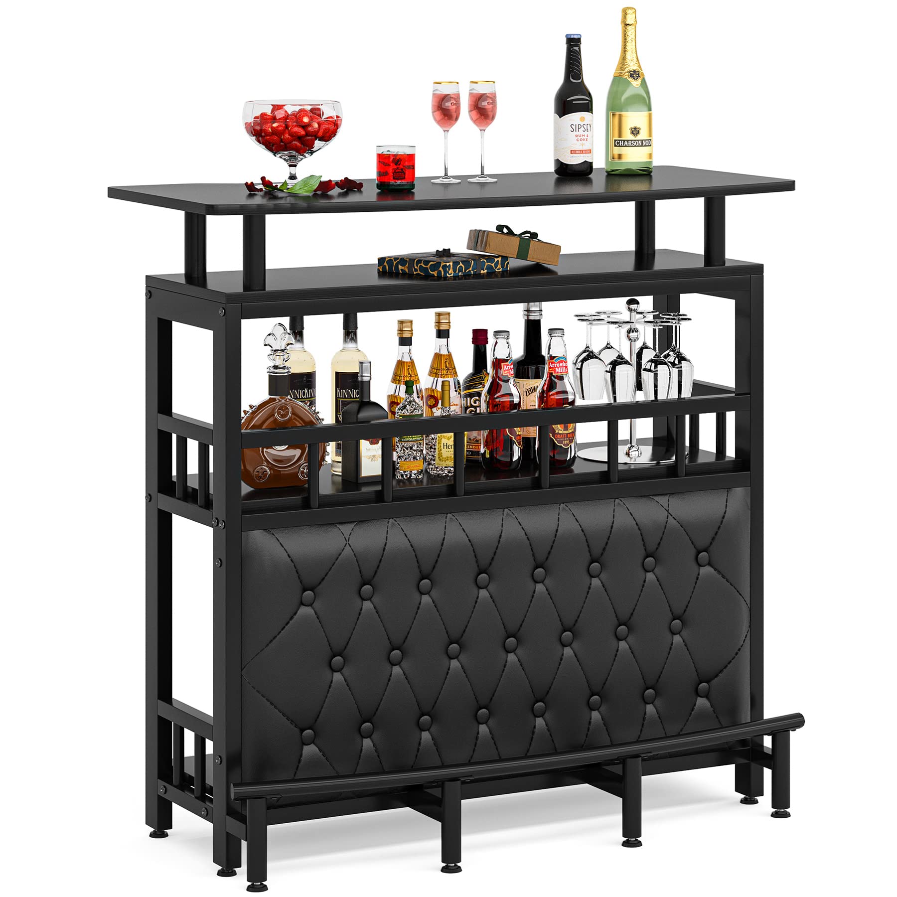 LITTLE TREE Home Bar Table Unit with 3 Tier Storage Shelves, Small Mini ...