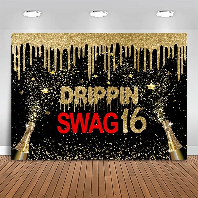 Amazon.com : Mocsicka Drippin Swag 16 Birthday Backdrop Gold Black Hip ...