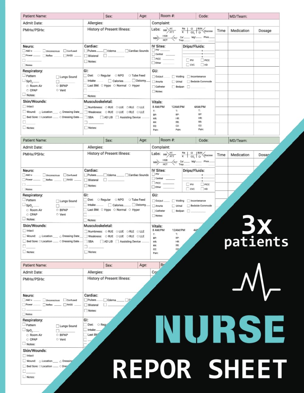 Nurse Report Sheet Notebook: Multiple Patients, Three Patients Per Page ...