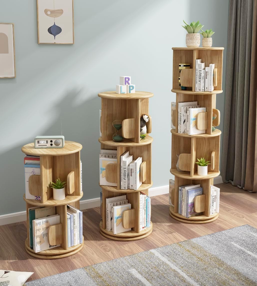 5-Tier Versatile Timber Rubberwood Wooden Rotating Swivel Bookcase ...