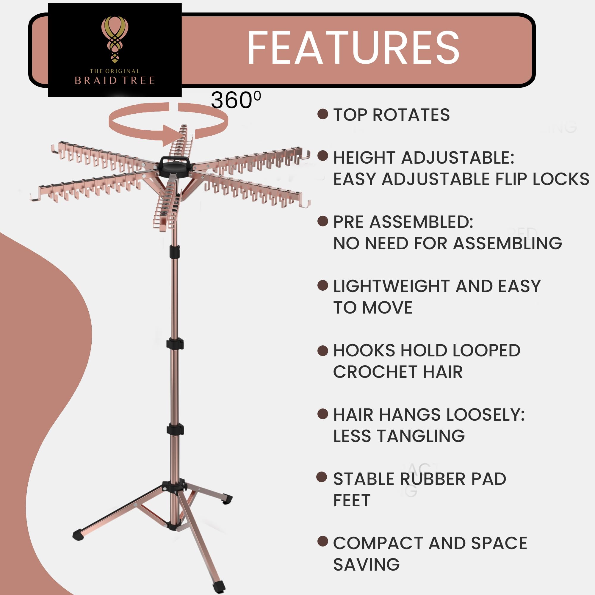 Swivel Braid Tree Braid Rack – Rose Gold, Pre-assembled, Space-Saving ...