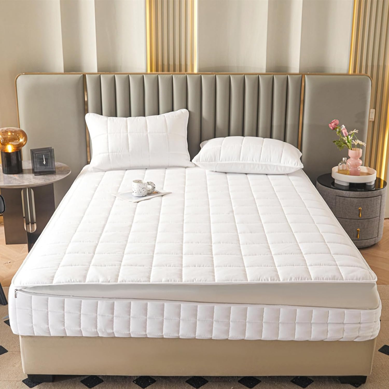 Full Zipped Mattress Protector Single/Double Side Bedspread Topper ...