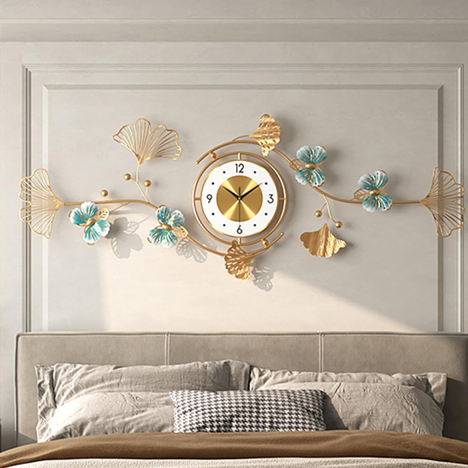 Amazon.com: SEIFE Luxurious Gold Frame a Wall Clock，Ginkgo Leaf Blue ...