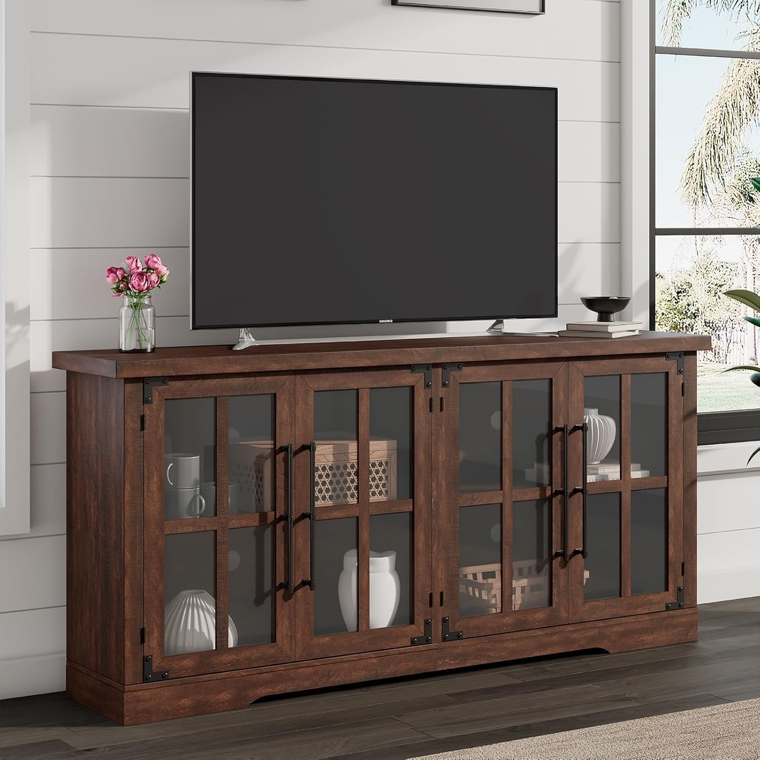 Amazon.com: LUXOAK 63" Farmhouse TV Stand with 4 Glass Doors, Modern ...