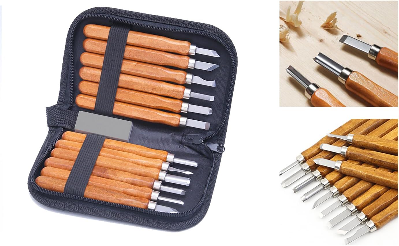 HopingMore 14pcs Wood Carving Tools Set w/Whetstone & Bag,Carbon Steel ...