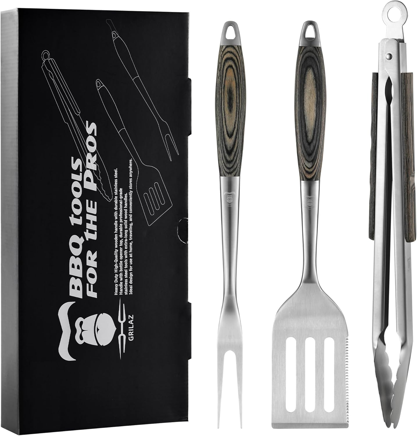 Amazon.com : Grilaz Stainless Steel BBQ Tool Set with Veined-Dyed Wooden Handles | Heavy Duty ...