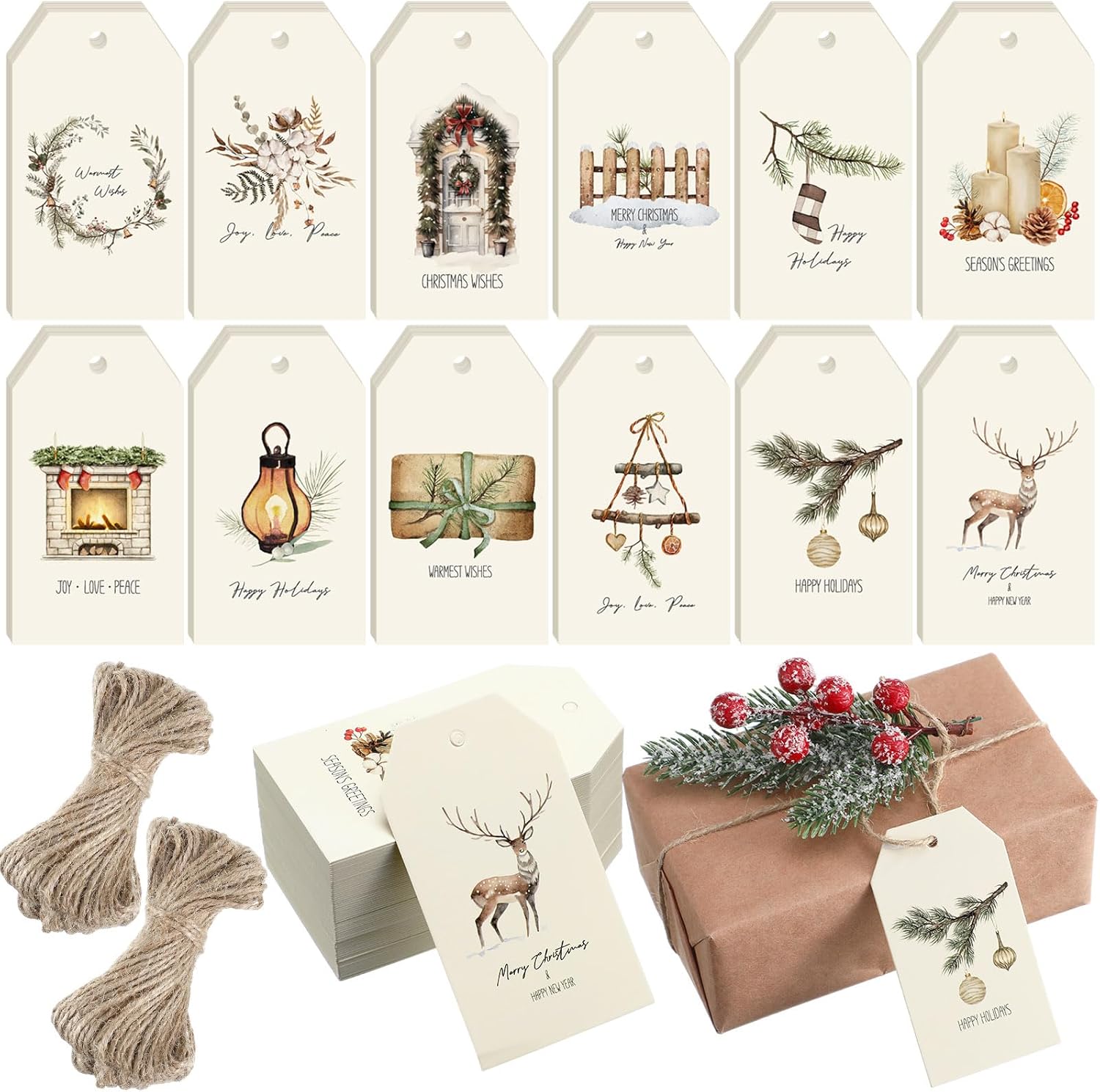 Amazon.com: Epakh 240 Pcs Rustic Christmas Gift Tags with Rope Vintage ...