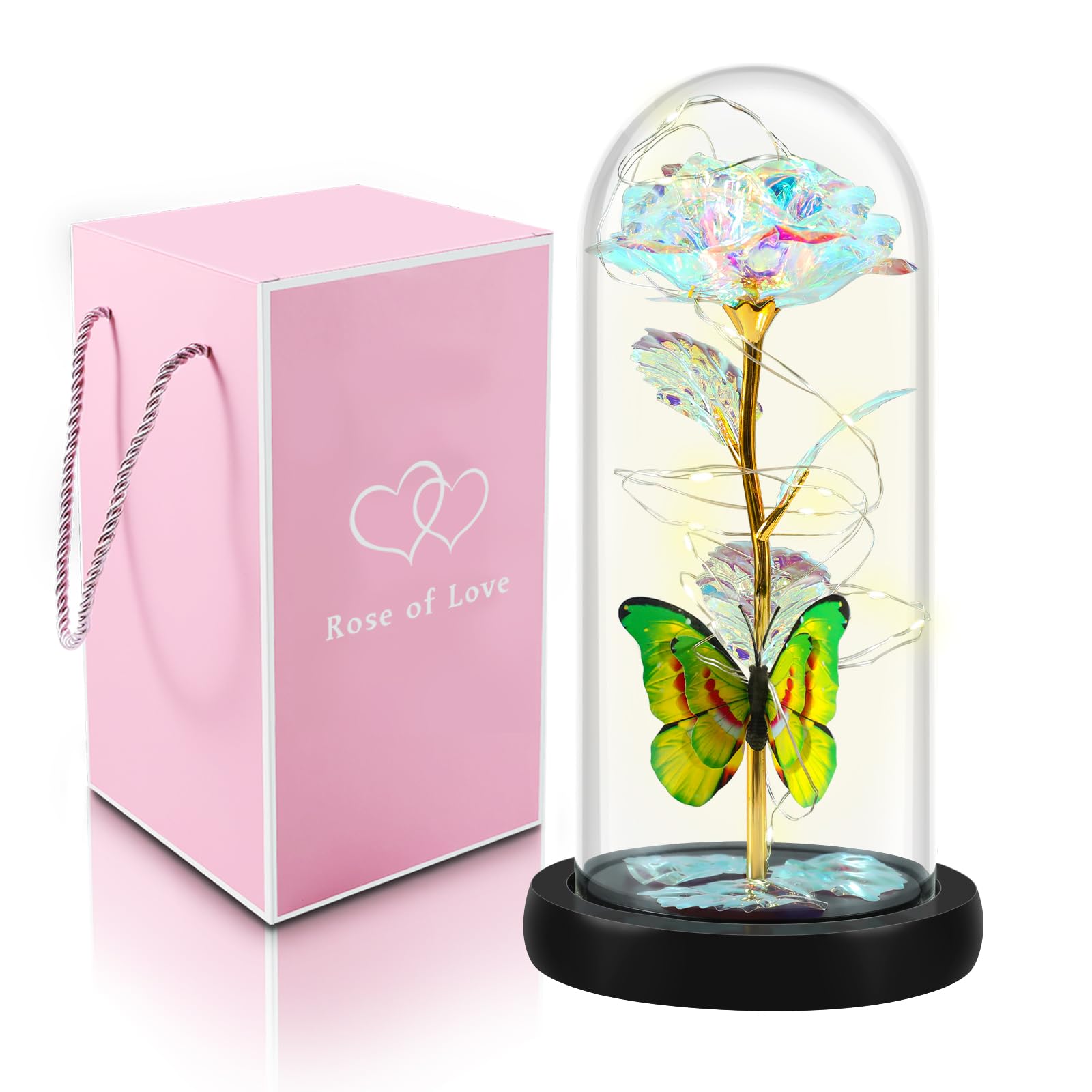 Colorful Preserved Rose Flower, Butterfly Rose in Glass Dome, Light Up ...