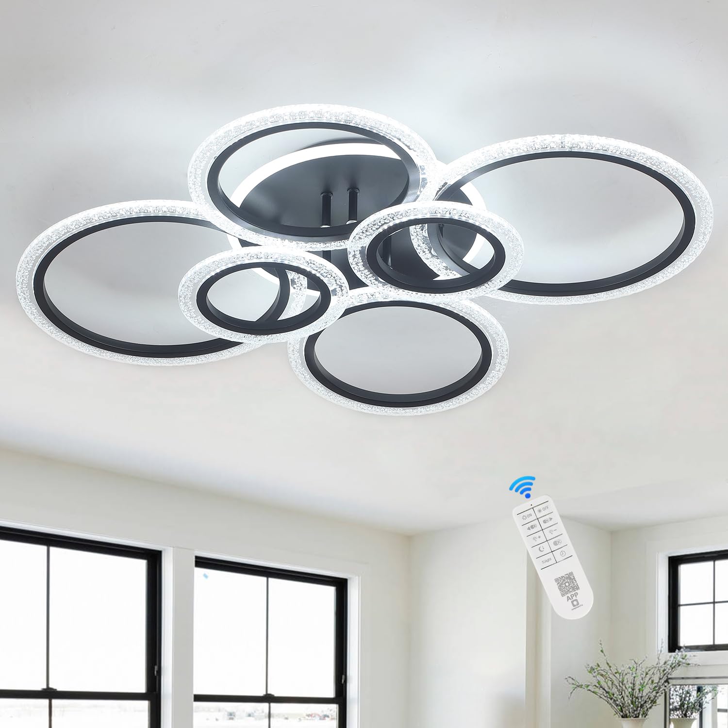 6-Rings LED Modern Ceiling Light Dimmable with Remote for Living Room ...