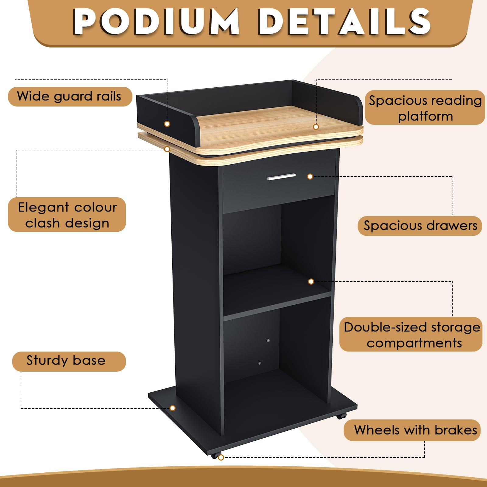 Lectern Podium Wood With Wheels & Storage - 3-Level Portable Pulpit ...