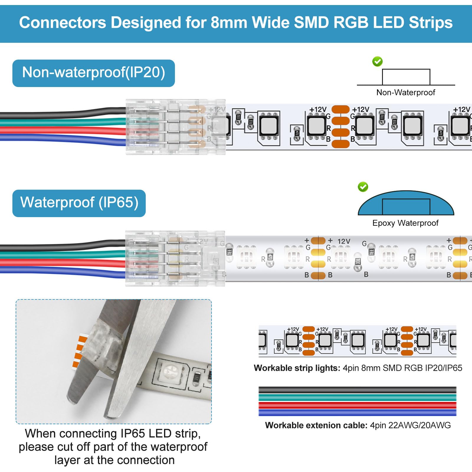 Snapklik.com : 25Pcs 4 Pin 8mm LED Strip Connectors Gapless Solderless ...