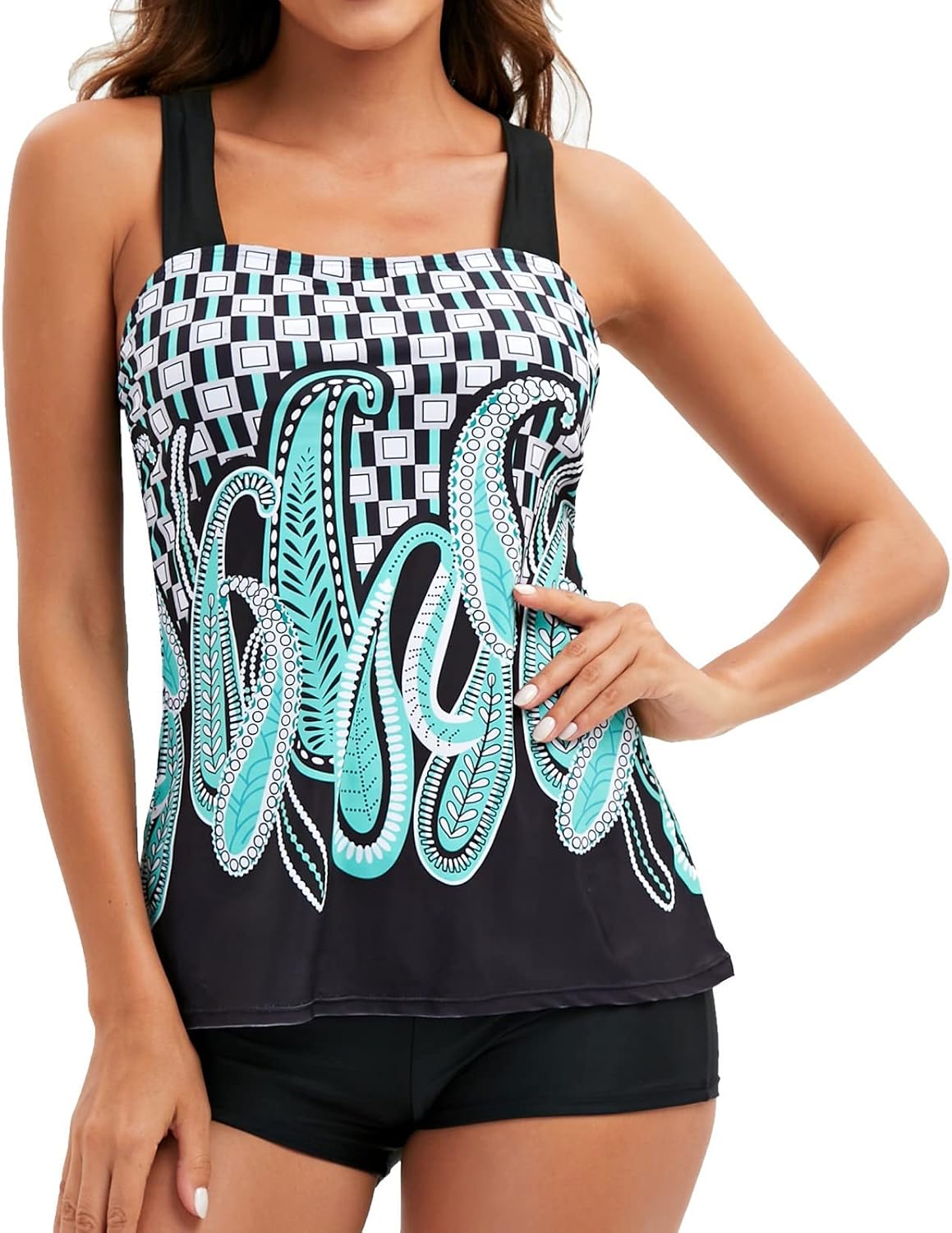 Amazon.com: Tankini Built-in Bra Swimsuit High Neck Tankini Tank Top ...