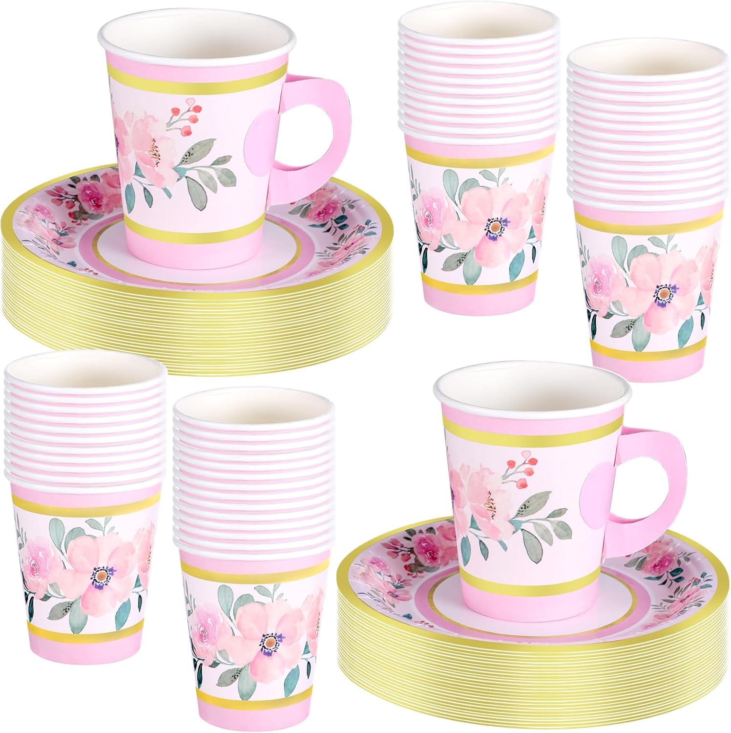 Suttmin 100 Pcs Disposable Tea Party Cups 9oz Floral Tea Cups and ...