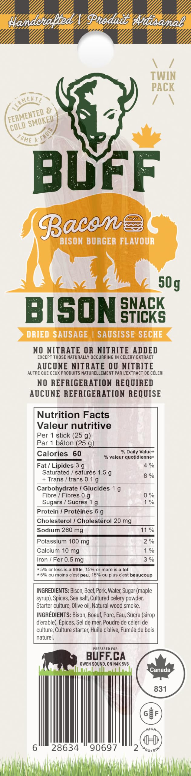 BUFF Bison Bacon Burger Meat Sticks, Canadian-Raised Grass-Fed Protein ...