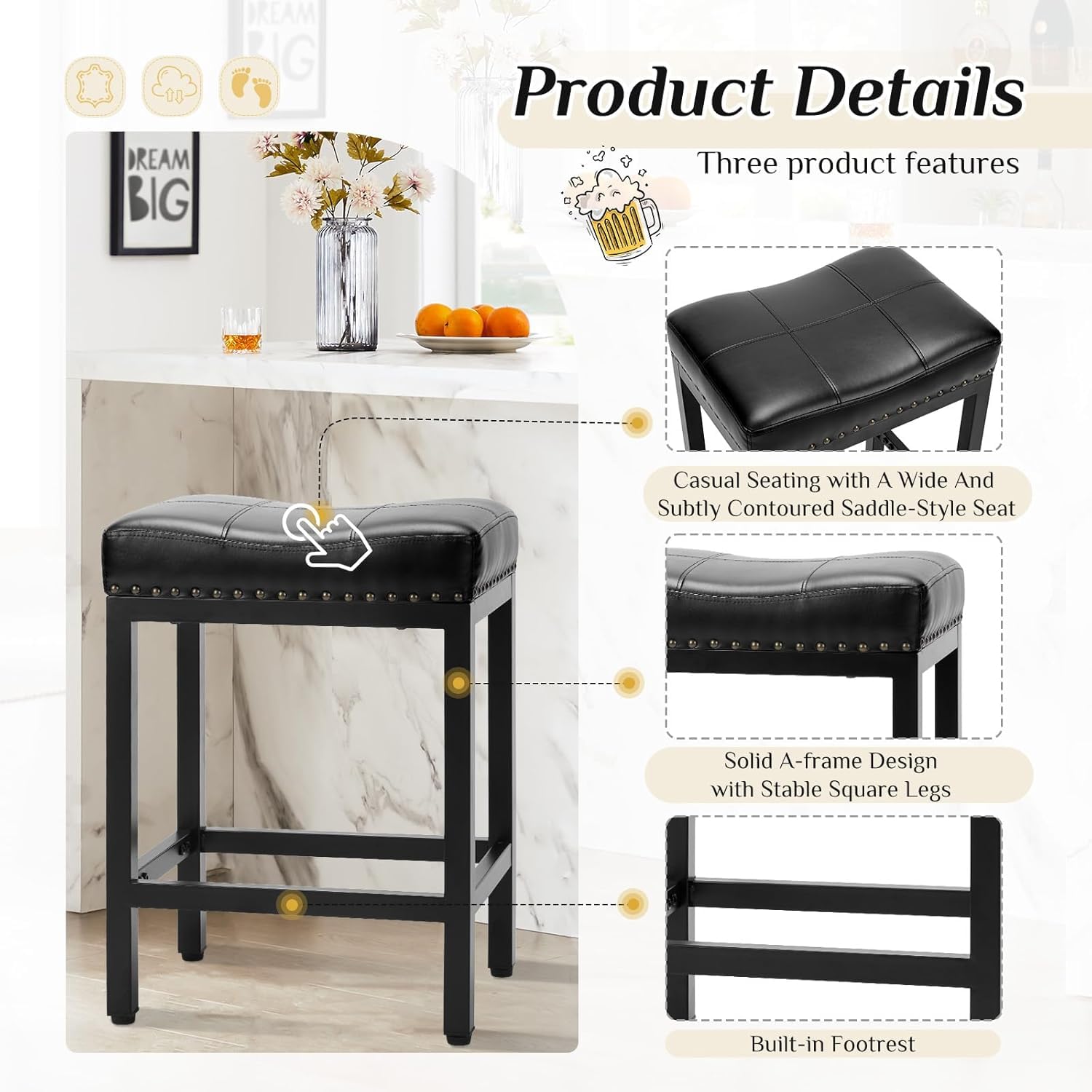 Snapklik.com : Sweetcrispy 24 Inch Bar Stools Set Of 4, Upholstered ...