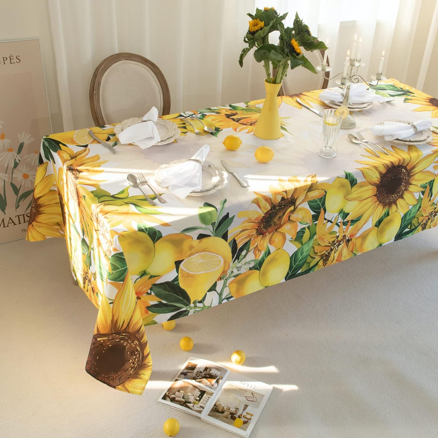 Amazon.com: Lemons and Sunflowers Print Tablecloth 60x102 Inch, Yellow ...