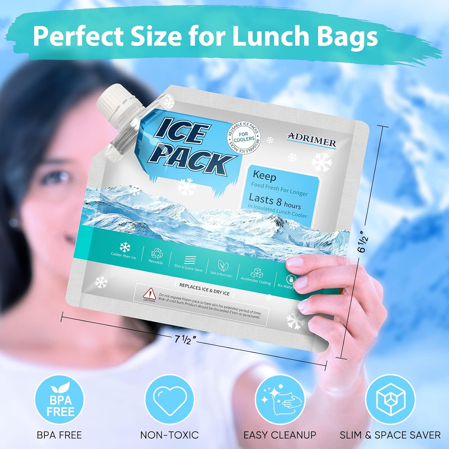 ADRIMER Ice Packs for Lunch Bags, Reusable Ice Packs for Coolers, Long ...