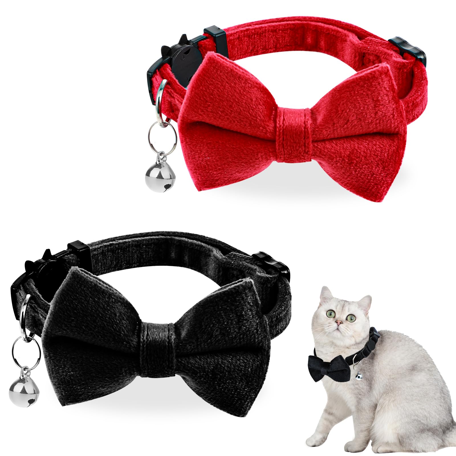 2 Pcs Velvet Cat Collar with Bell and Bowtie, Black and Red Adjustable ...