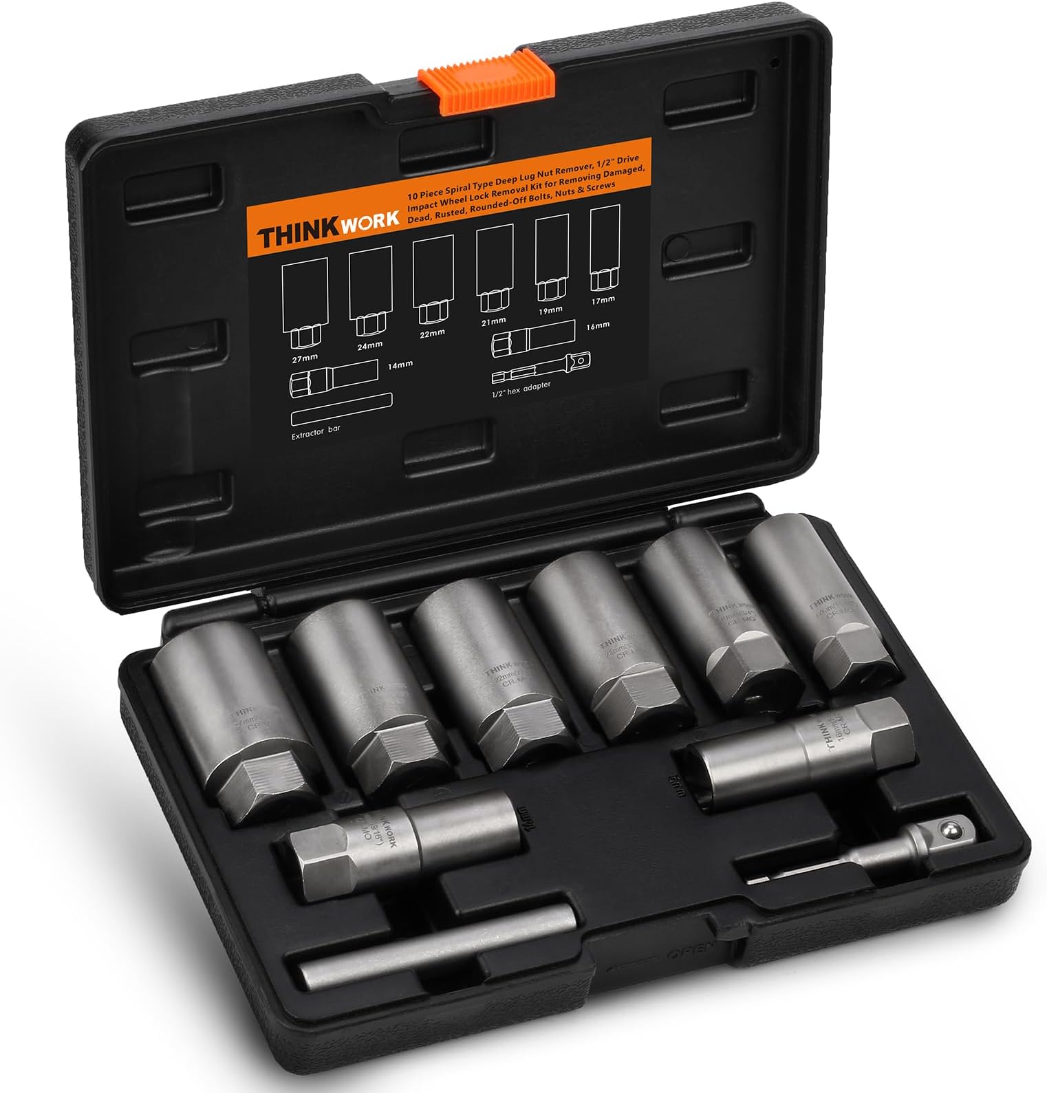 THINKWORK 1/2 Inch Drive Lug Nut Extractor Set, Large Sizes, 10pcs ...