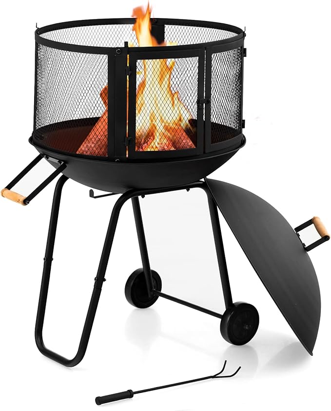 Amazon.com : Giantex 28" Portable Fire Pit on Wheels, Outdoor Mobile ...