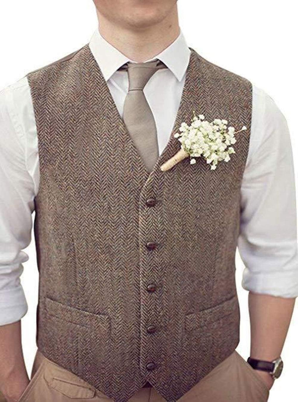 RONGKIM Men's Brown Wool Herringbone Groom Vest Formal Groom's Wear ...