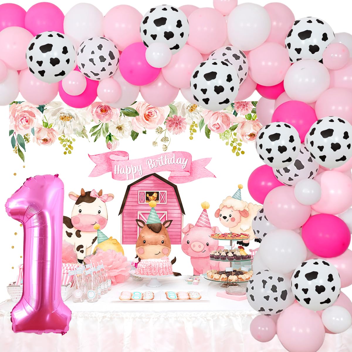 Farm Animals Theme 1st Birthday Decorations Girl Pink Barnyard Balloon ...