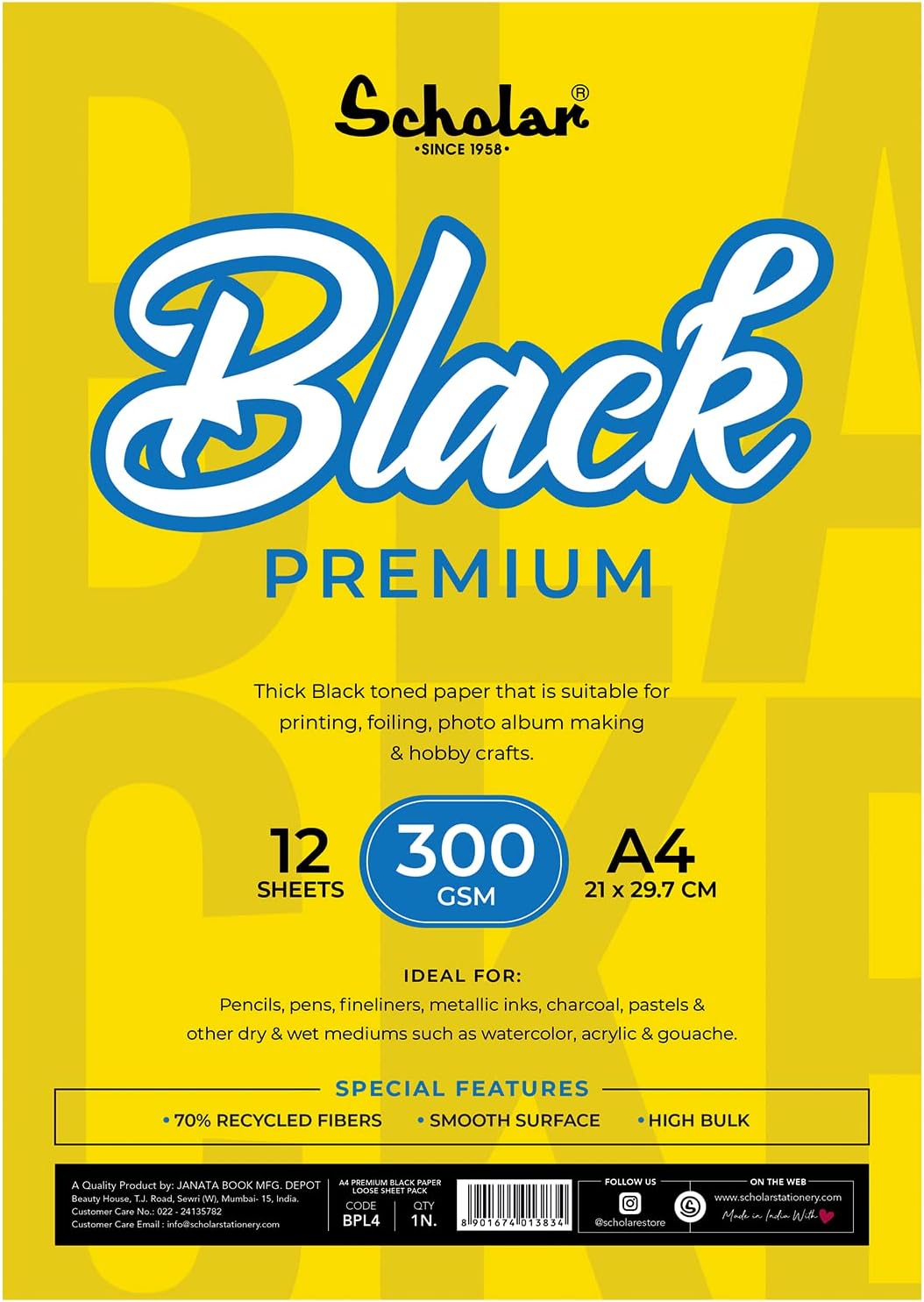 Scholar Black paper Loose Sheets (300 gsm Black Toned Paper) (A4 ...