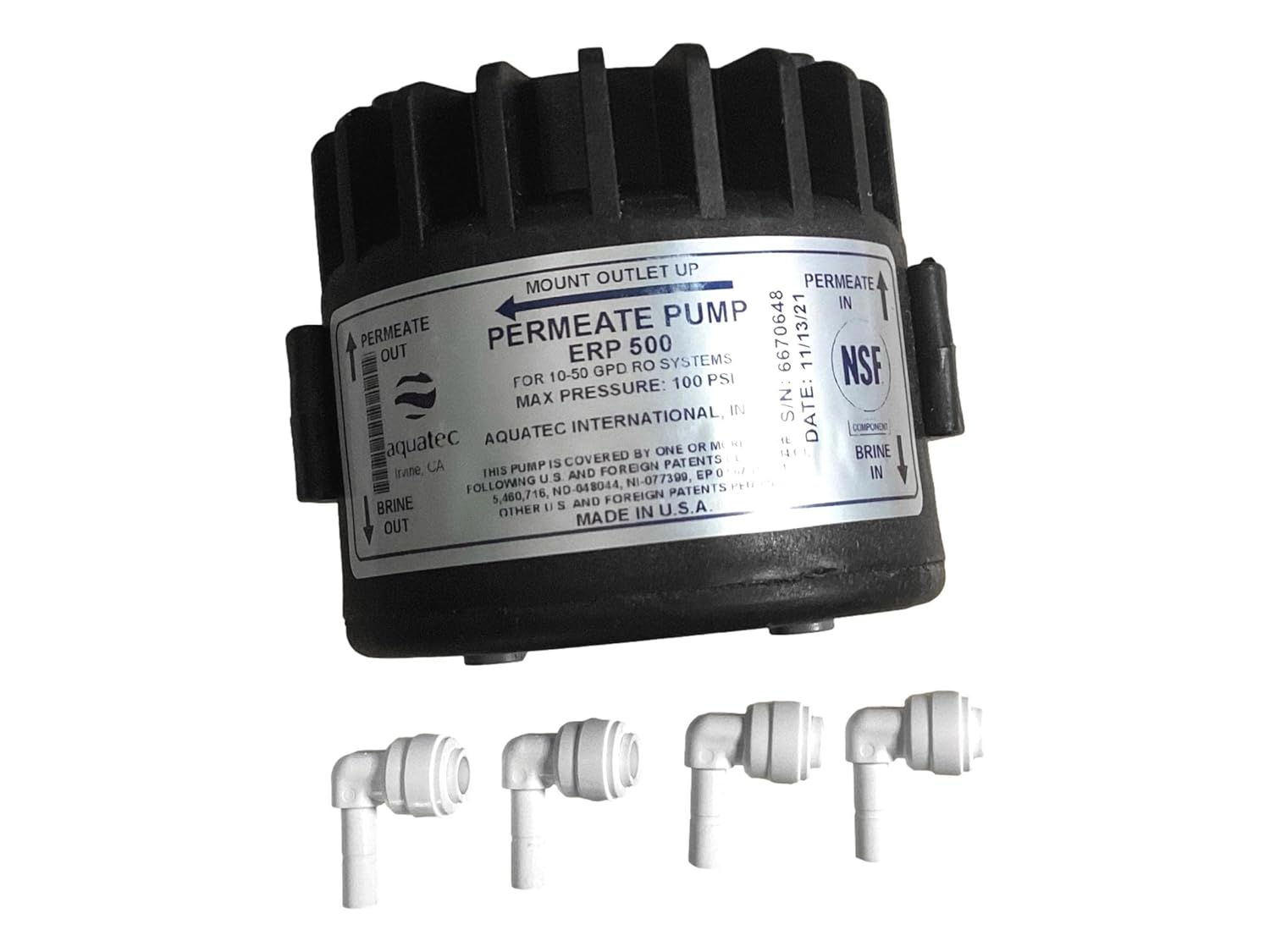 Aquatec ERP-500 Permeate Pump with 1/4" QC JG Inserts. Includes ...