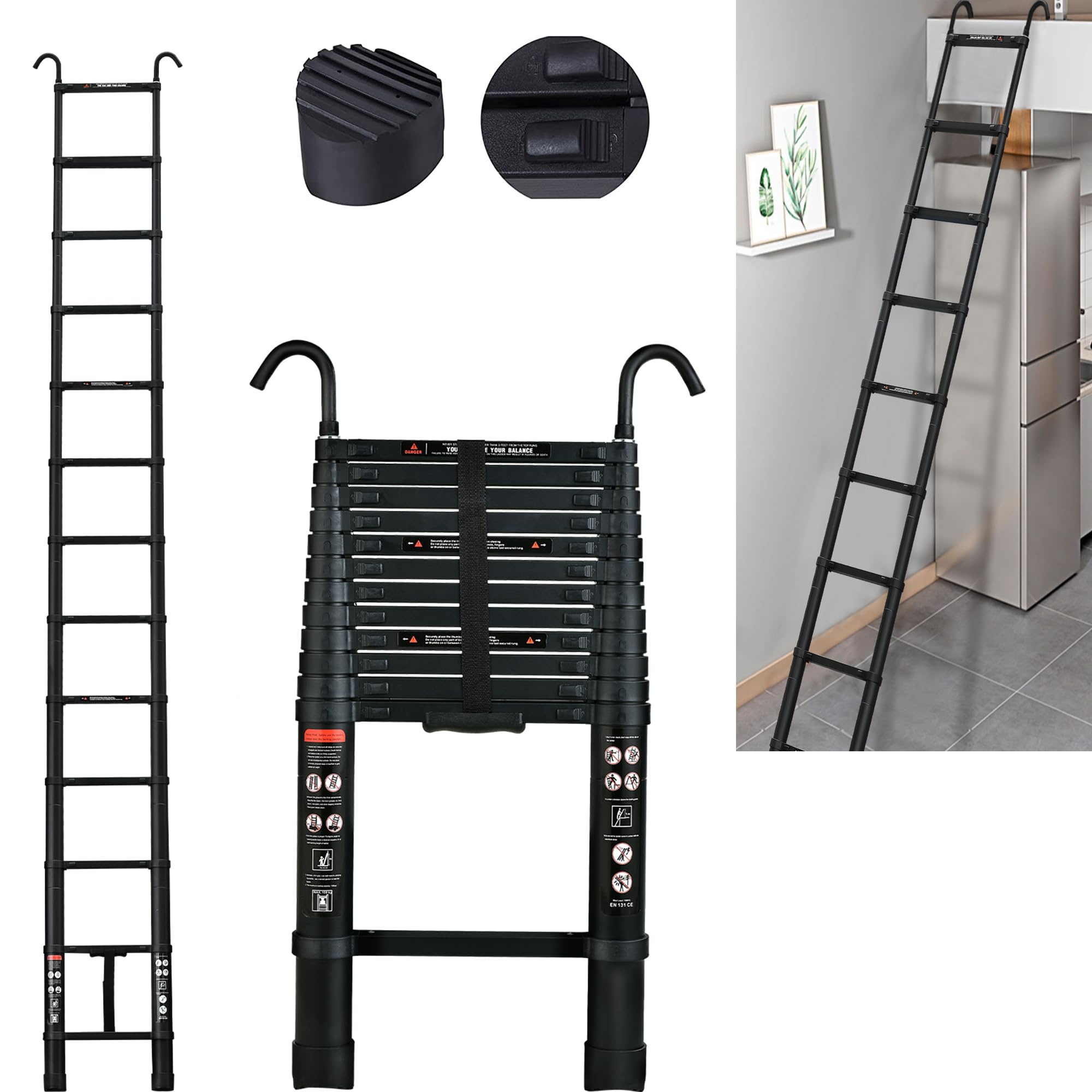 12 FT Telescoping Ladders with 2 Hooks, Heavy Duty Aluminum Collapsible ...