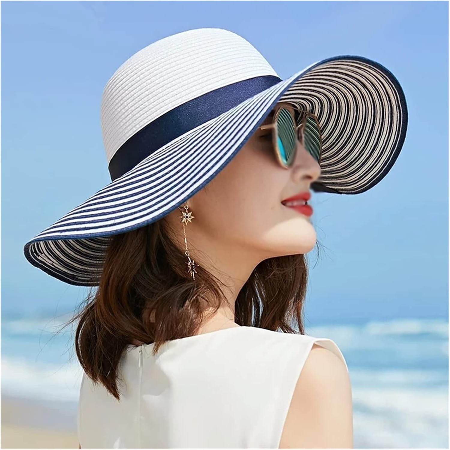 Amazon.co.jp: DHDM 縞模様の弓の夏の太陽の帽子美しい女性ストロービーチハット大きな厄介な帽子 : ファッション