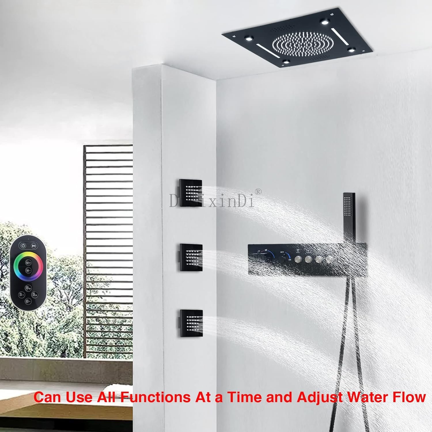 Buy Ceiling Matte Black Waterfall Rain Shower Head System With Body ...